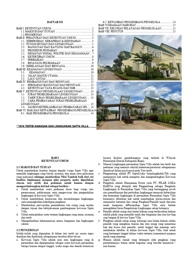 TATA TERTIB KAWASAN dan LINGKUNGAN SAPTA VILLA TAHAP 1&2-1 | PDF