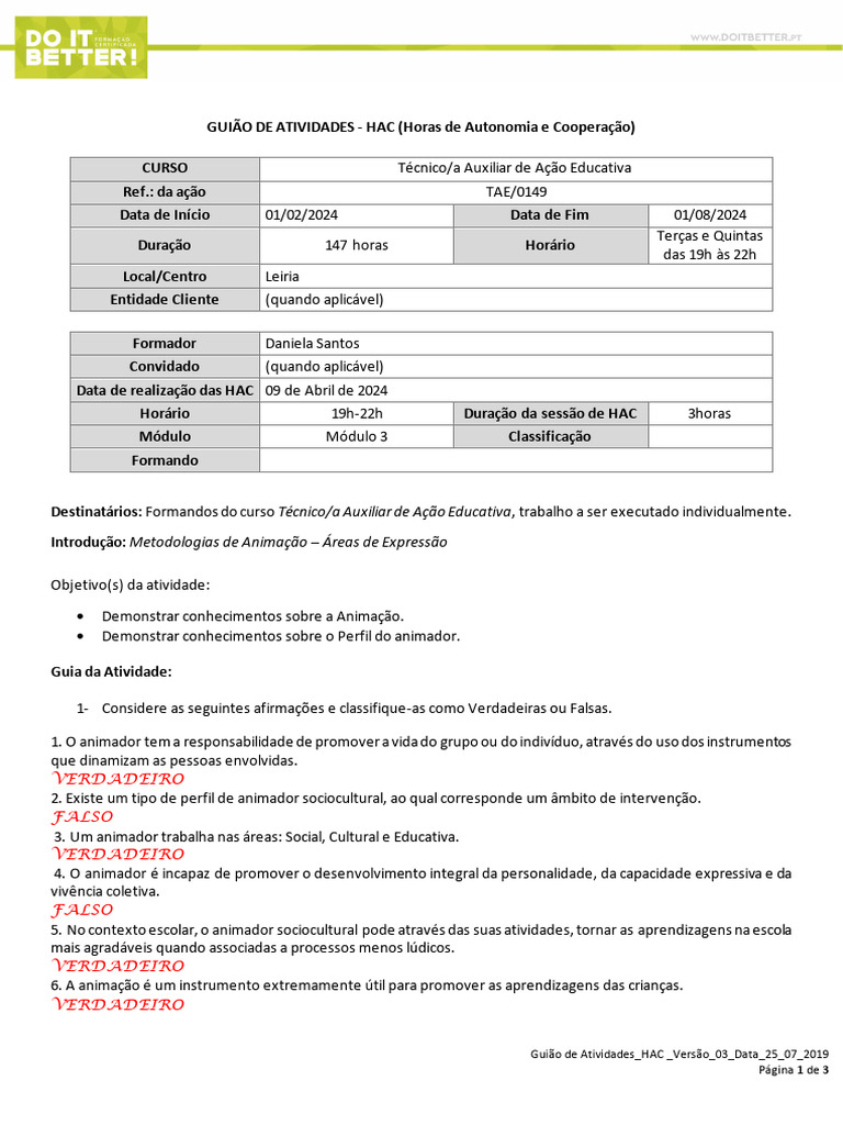 GUIAO - HAC - Modulo 3 - Animação - Perfil Do Animaddor | PDF ...