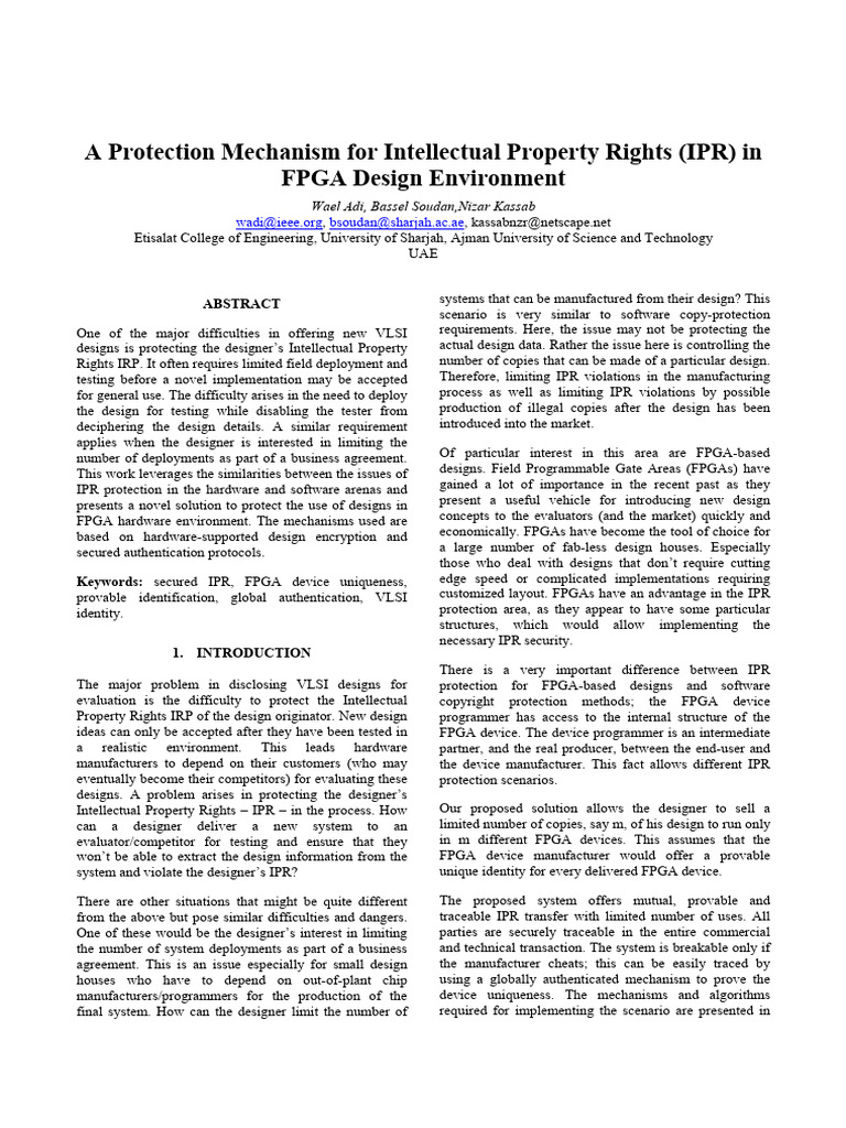 A Protection Mechanism For Intellectual | PDF | Field Programmable Gate ...