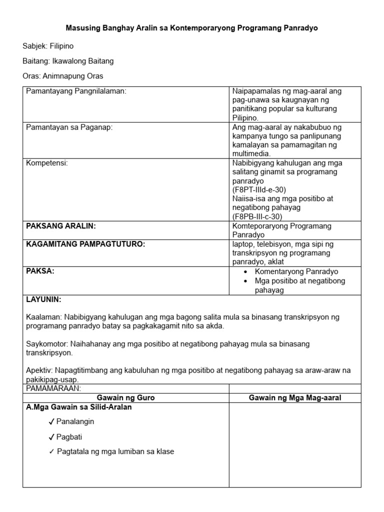 Masusing Banghay Aralin Sa Kontemporaryong Programang Panradyo | PDF Masusing Banghay Aralin Sa Kontemporaryong Programang Panradyo | PDF
