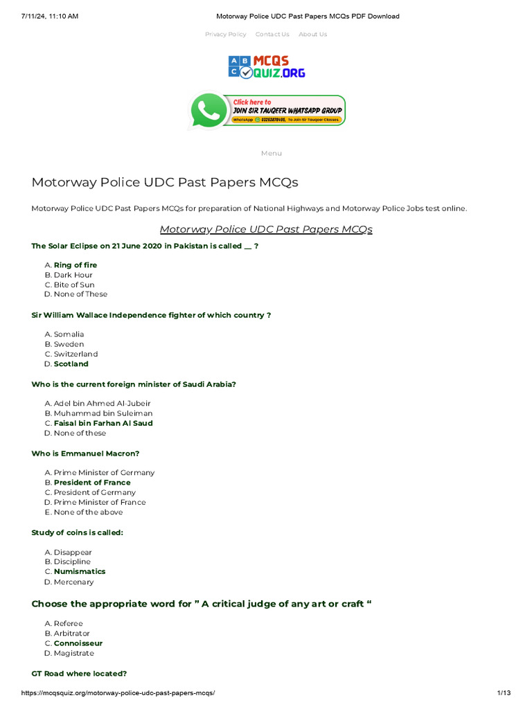 Motorway Police UDC Past Papers MCQs PDF Download | PDF | Pakistan | Ali