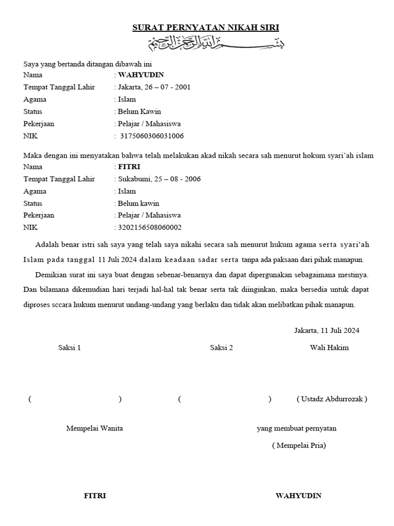 Surat Pernyataan Nikah Siri 2024 | PDF