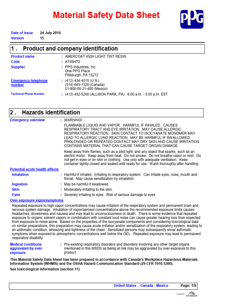 MSDS 450 H | PDF | Occupational Safety And Health