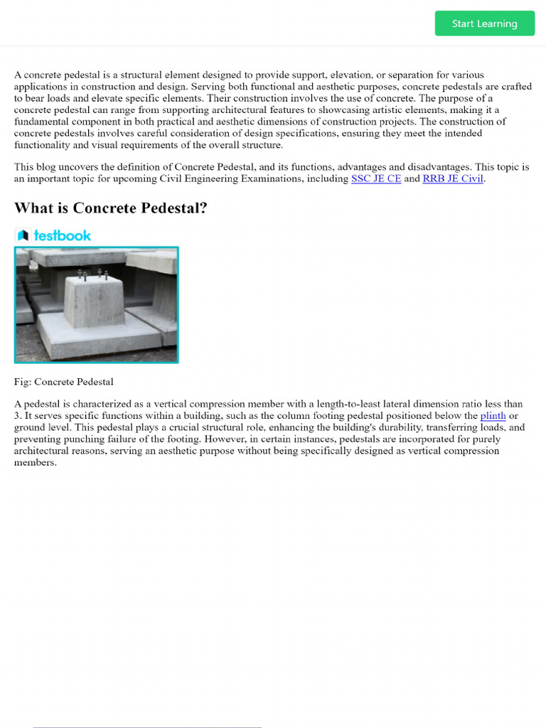 Concrete Pedestal - Learn Definition, Purpose and Construction | PDF