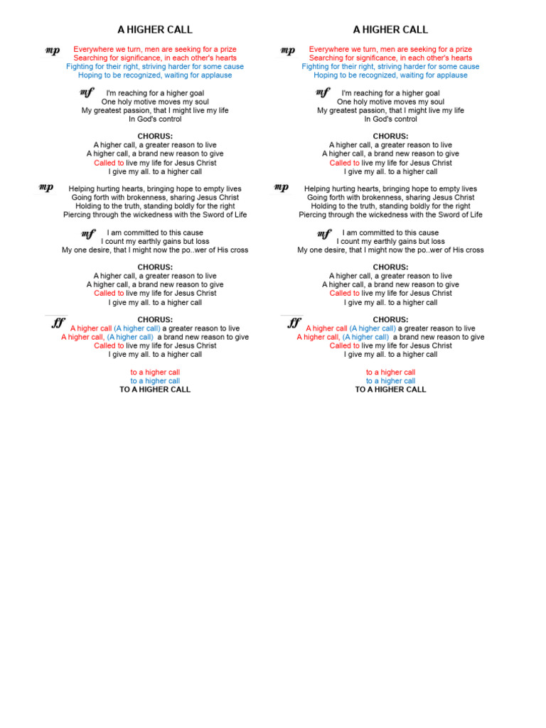 A HIGHER CALL Lyricss | PDF | Religious Belief And Doctrine | Theology