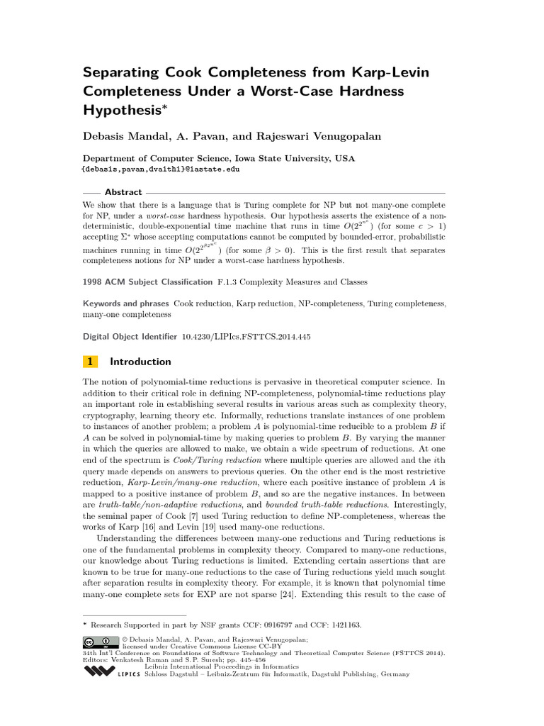 Separating Cook Completeness from Karp-Levin Completeness Under a Worst-Case Hardness Hypothesis ...
