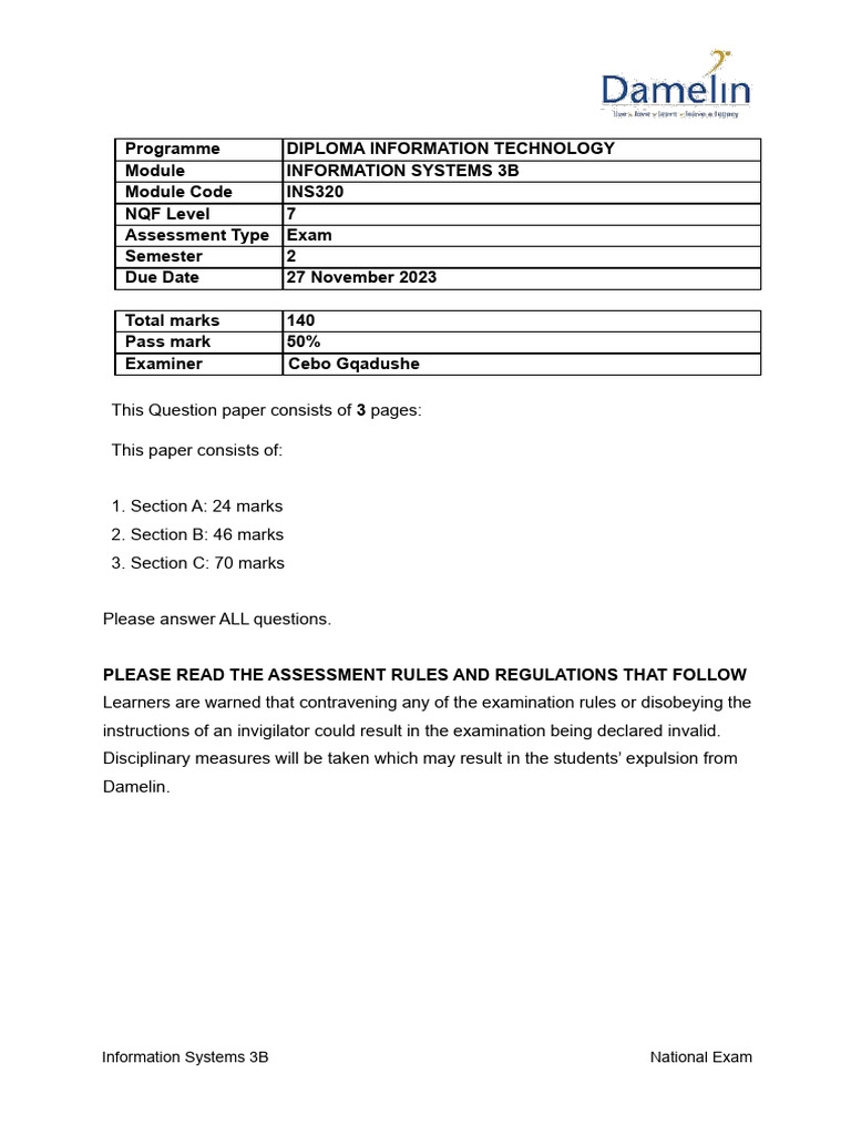 Information Systems 3B Exam Final | PDF | Software Development Process | Computer Program