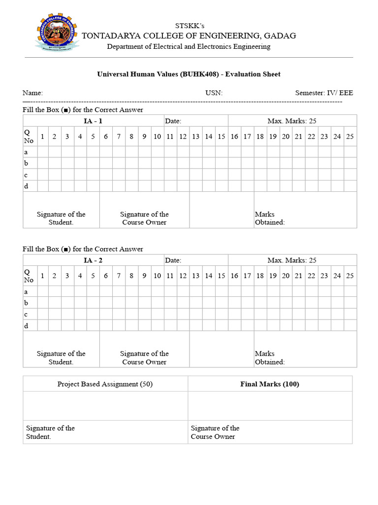 UHV IA QP BUHK408 - OMR Sheet | PDF