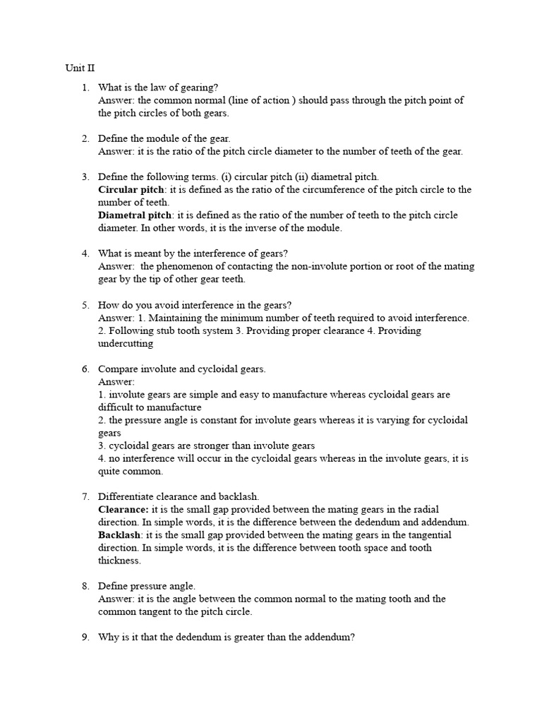 Short Answer Questions in Unit II - III | PDF | Gear | Euclidean Geometry