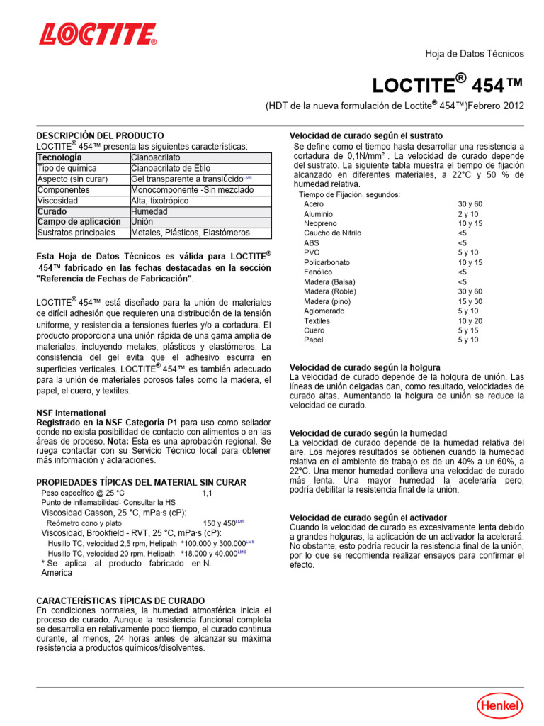 TDS Loctite 454 | PDF | Materiales | Ciencias fisicas