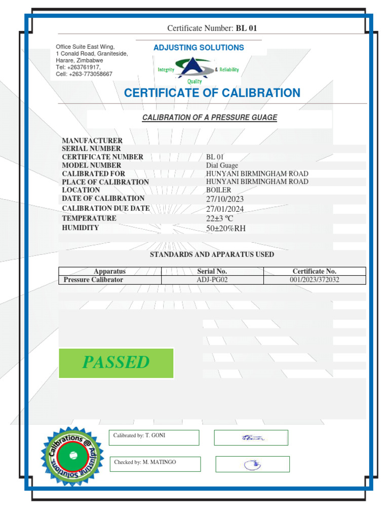 Pressure Gauge Calibration Certificate | PDF | Calibration ...