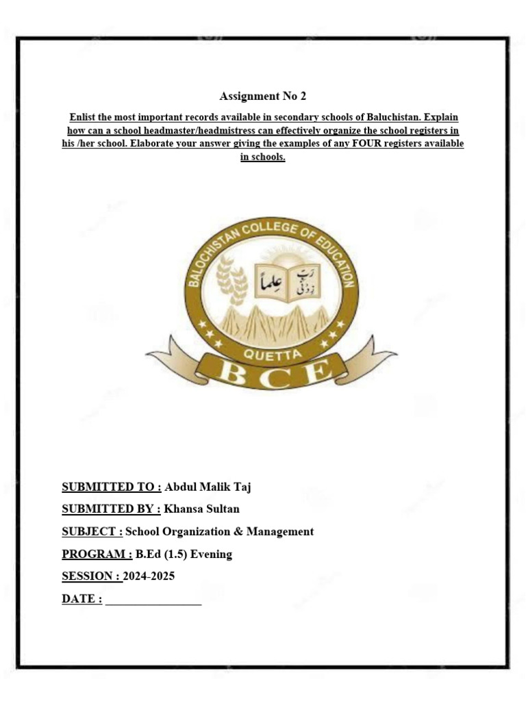 Assignment No 2 (School Organization) | PDF | Records Management | Business