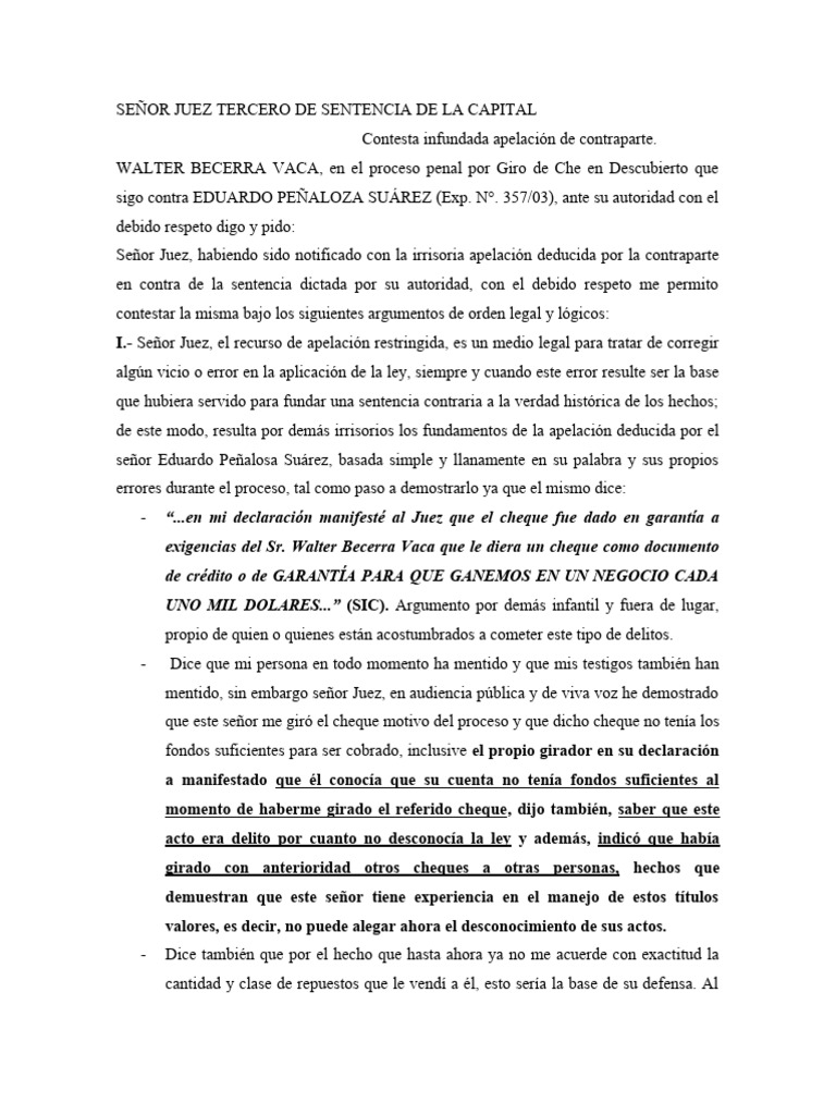 Contesta infundada apelación de CASACION. | PDF | Cheque | Sentencia (ley)