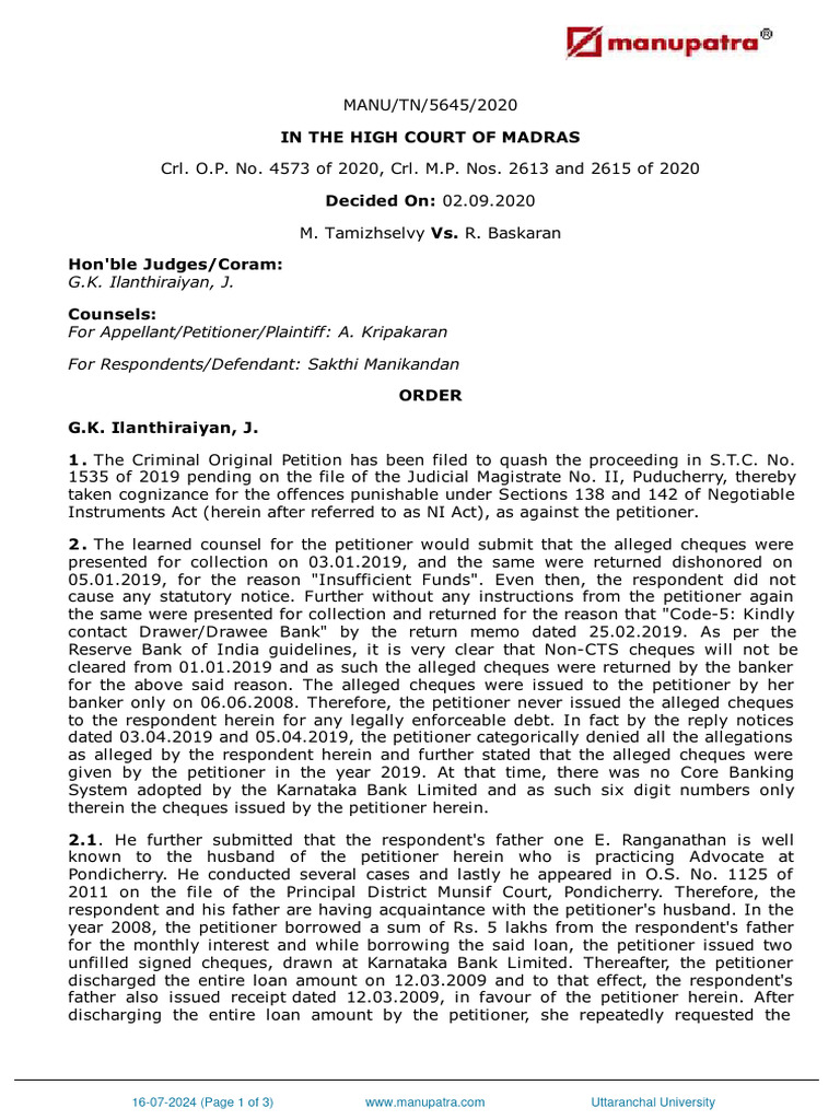 M Tamizhselvy Vs R Baskaran 02092020 MADHCTN2020221020163355345COM409989 | PDF | Cheque | Justice