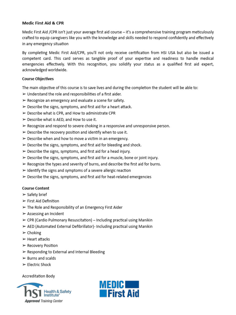 Medic First Aid & CPR Certification Course | PDF | Self-Improvement