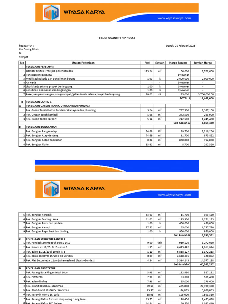 Contoh BOQ Proyek Rumah Siantar | PDF