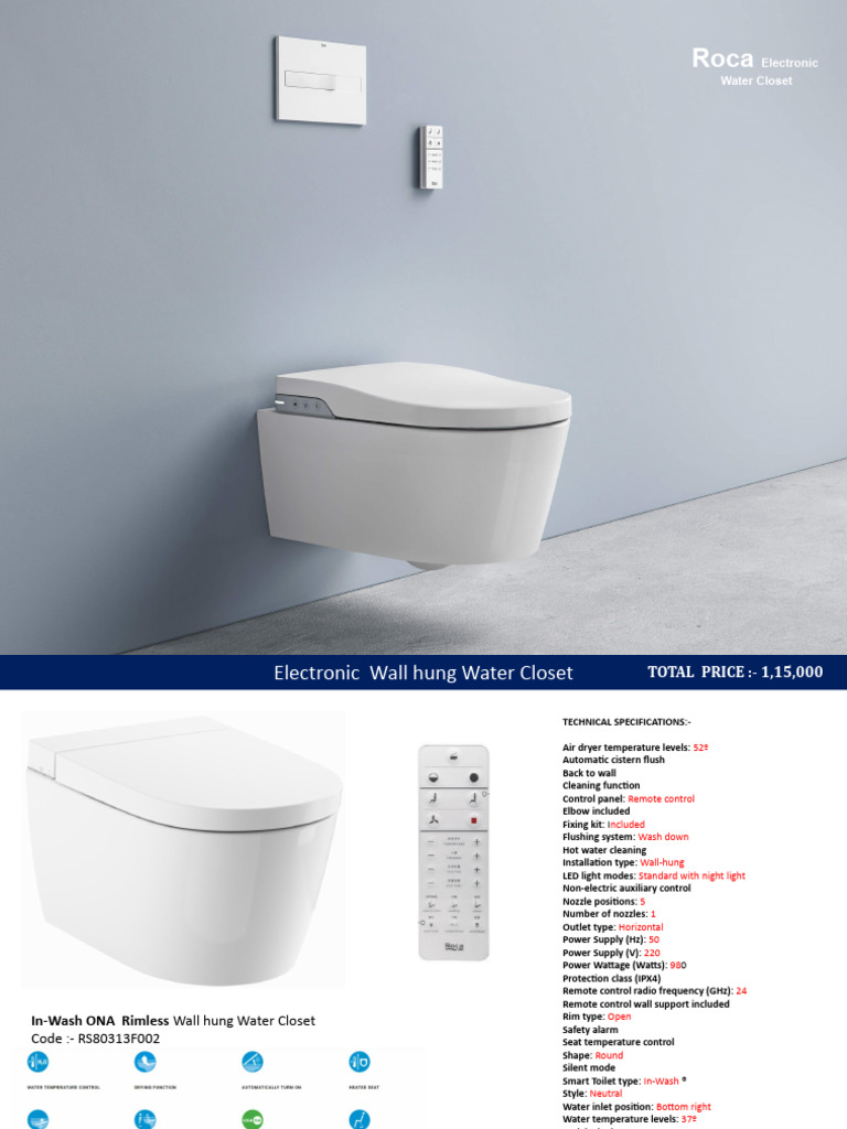 Roca Electronic Water Closets Overview | PDF | Toilet | Water Heating