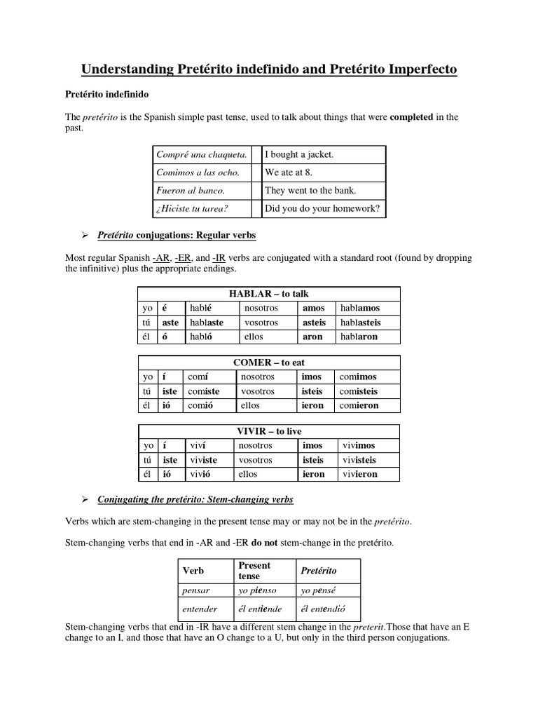 _Pretérito indefinido and Pretérito Imperfecto | PDF | Grammar ...