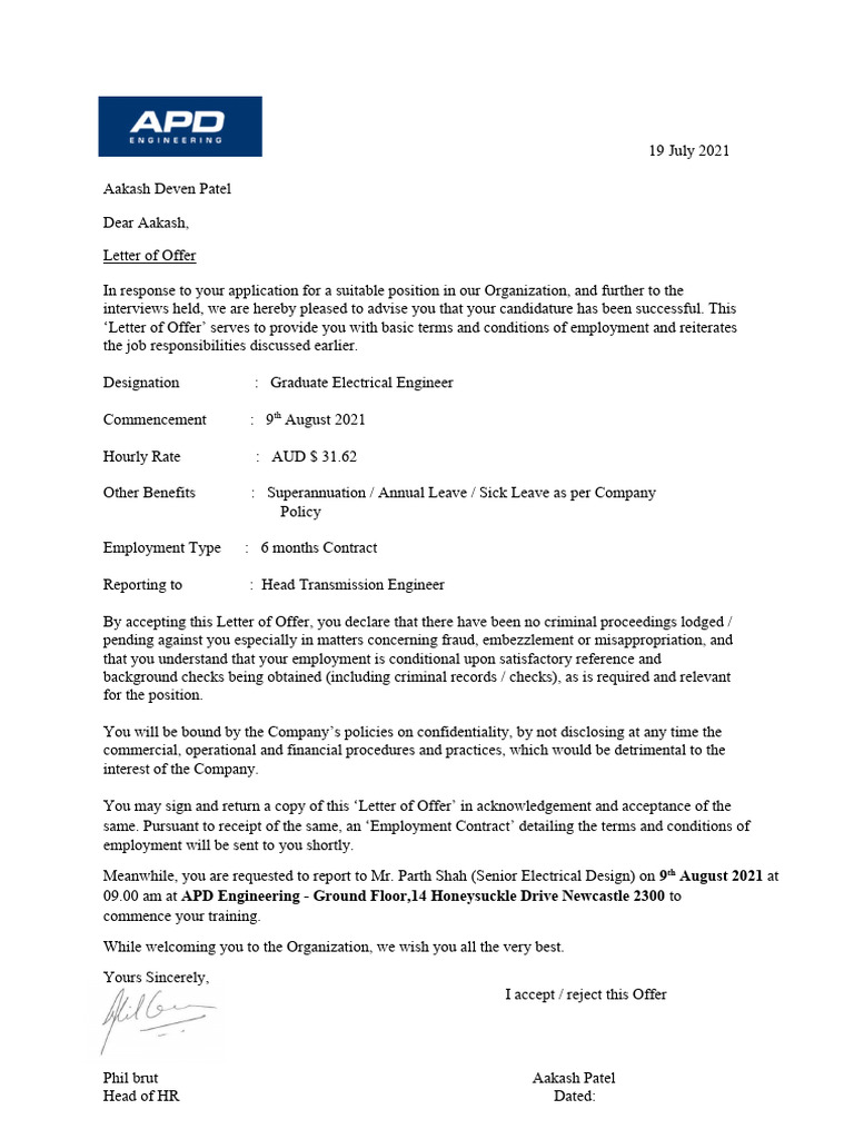 Letter of Offer - Aakash Deven Patel | PDF | Career & Growth | Business