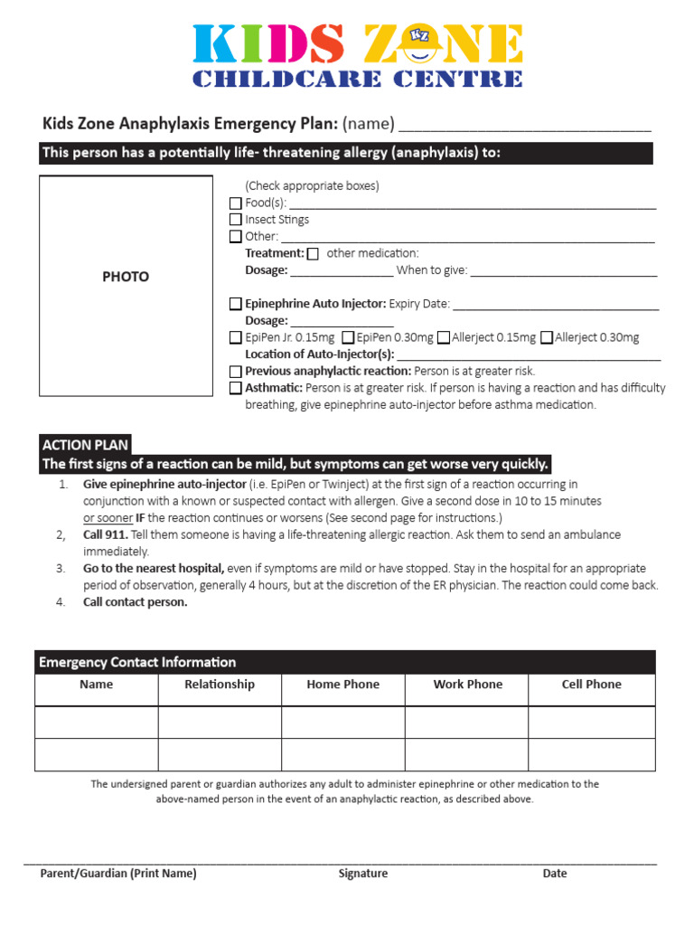 Anaphylaxis Action Plan for Kids Zone | PDF | Epinephrine Autoinjector ...