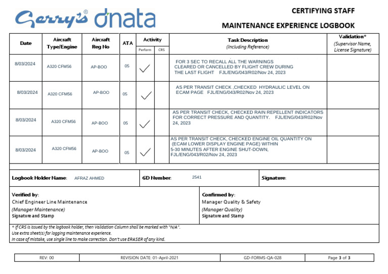 028 CS Maintenance Experience Logbook - Removed | PDF | Aviation | Aircraft