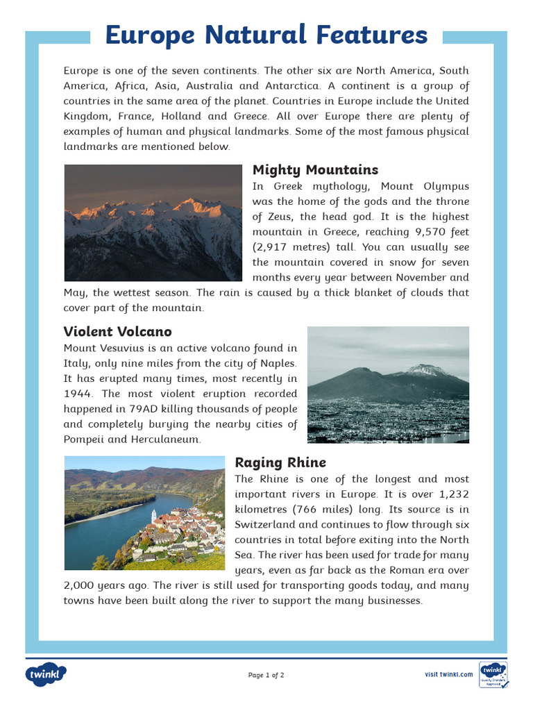 Europe Natural Features Reading Differentiated Comprehension Activity ...