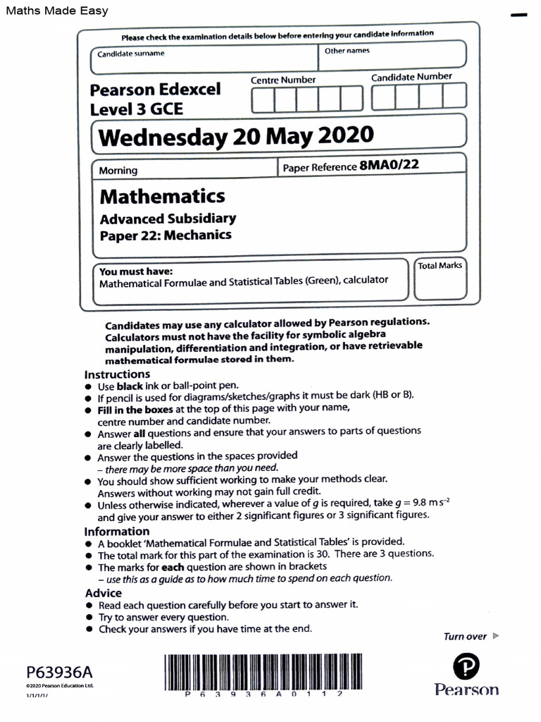 Edexcel As Level Paper 22 Mechanics | PDF | Mathematics | Acceleration