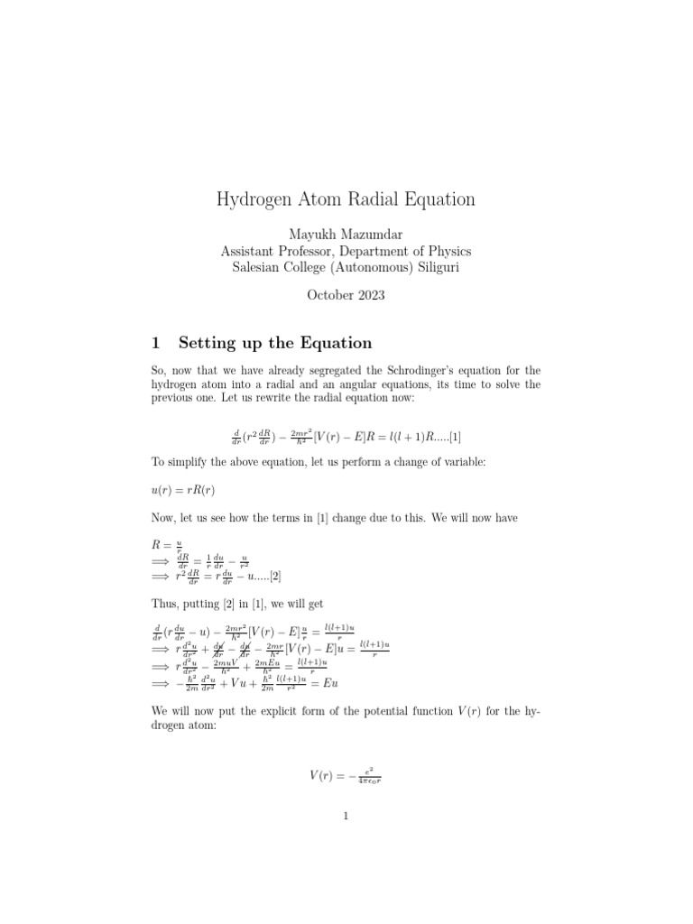 Hydrogen Radial Equation | PDF | Equations | Physical Chemistry