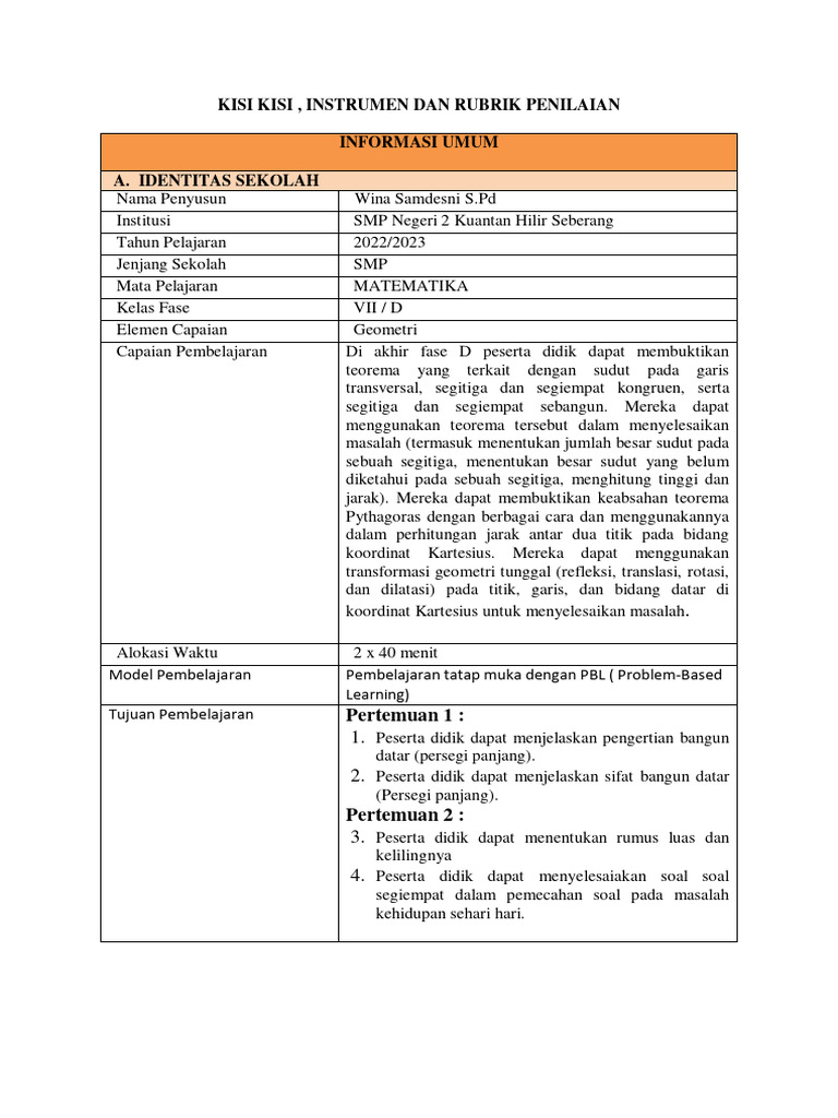 5.instrumen Soal, Rubrik Penilaian, Kisi Kisi | PDF