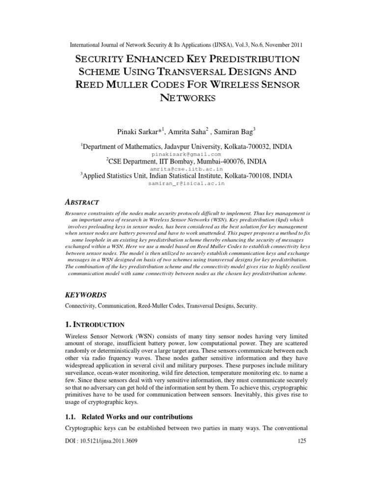Security Enhanced Key Predistribution Scheme Using Transversal Designs and Reed Muller Codes For ...