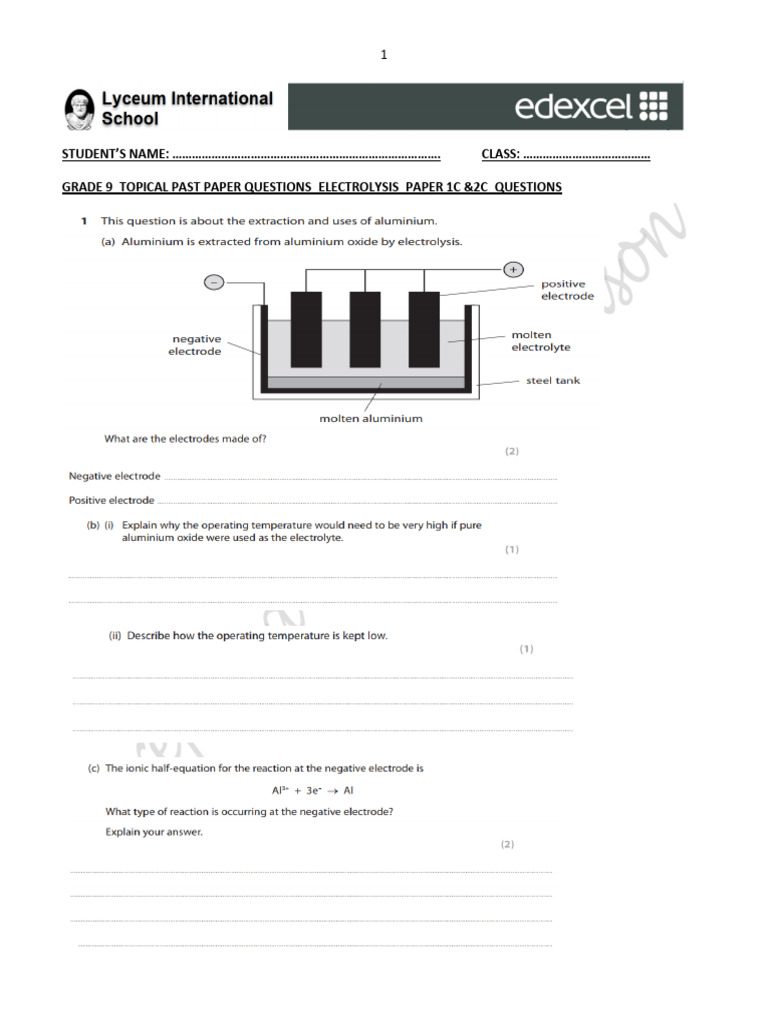 Topical Past Paper Questions - Electrolysis - Paper 1C&2C | PDF
