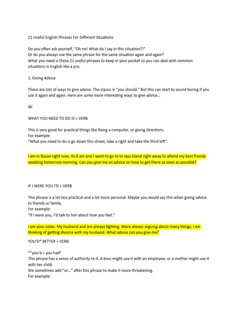 21 Useful English Phrases For Different Situations | PDF | English ...