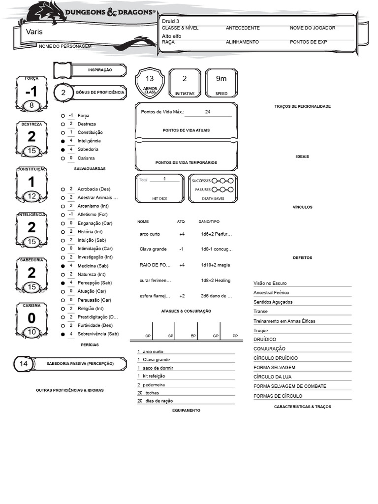 Ficha de Personagem: Druid 3 Alto Elfo | PDF | Druida | Incêndios