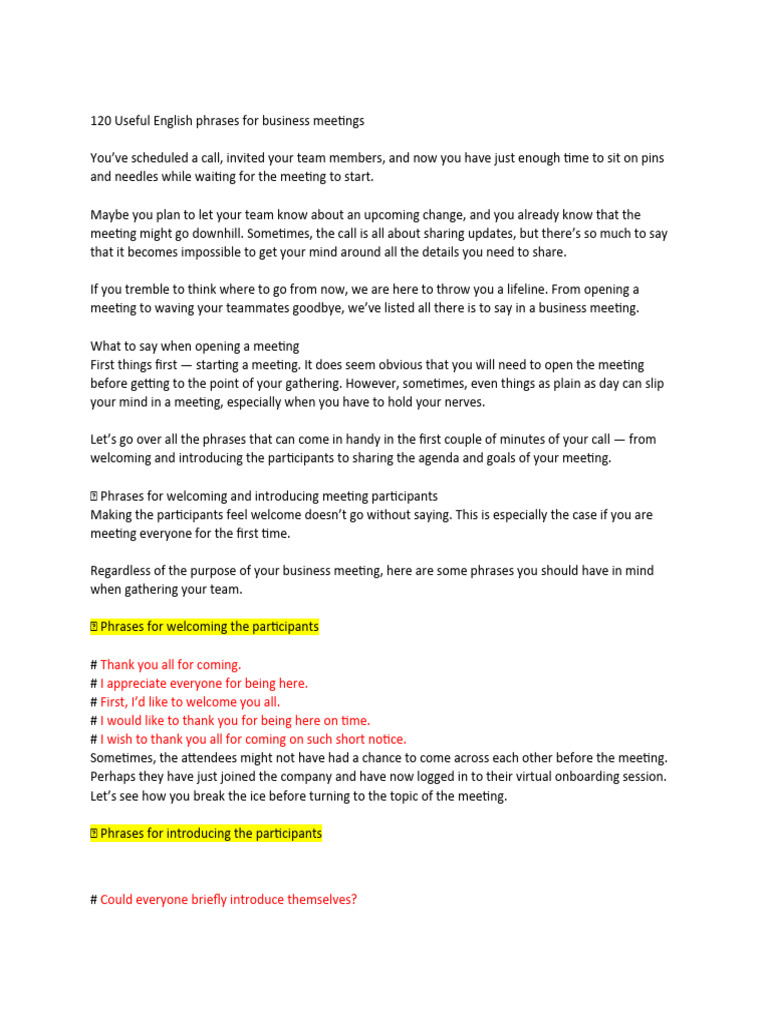 120 Useful English Phrases For Business Meetings Pdf Attention
