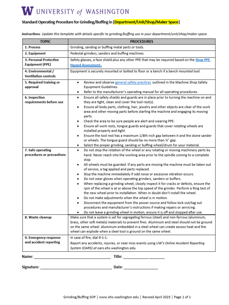 Grinding Buffing Sop | PDF | Personal Protective Equipment | Grinding ...