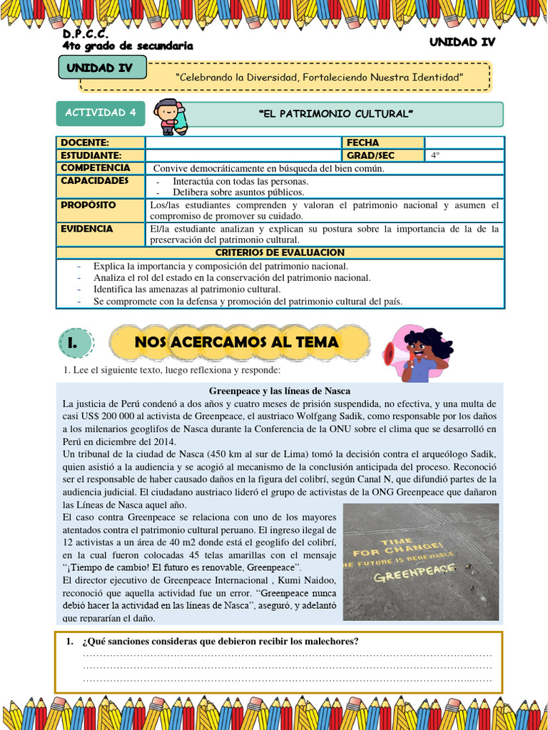 4° DPCC - Actv.04-Uni.4 2024 | PDF | Perú | Patrimonio cultural