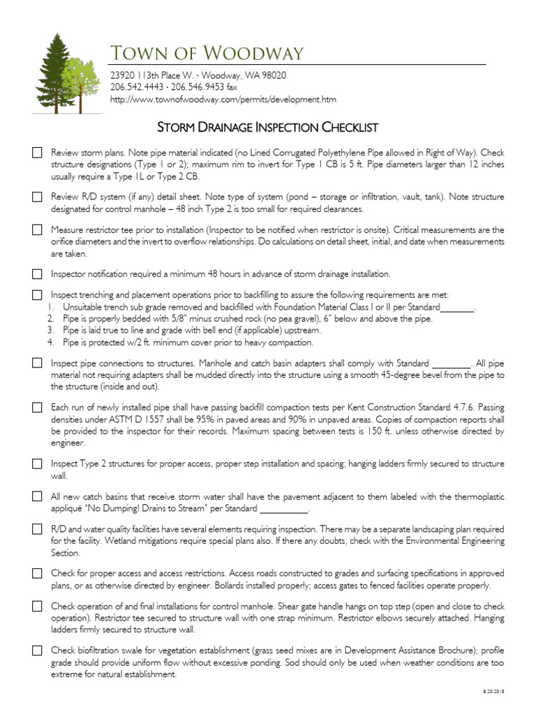 Storm Drainage Inspection Checklist | PDF | Pipe (Fluid Conveyance ...
