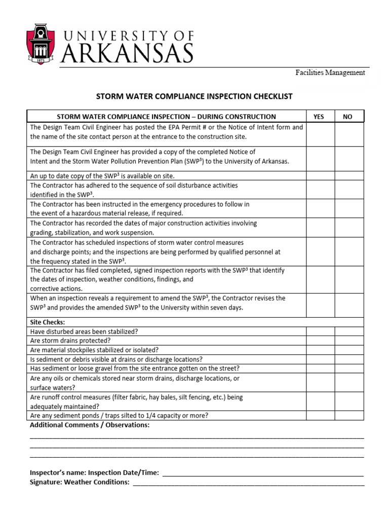 Storm Water Compliance Inspection Checklist | PDF | Stormwater | Storm ...