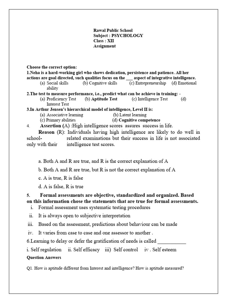 Class XII Psychology Assignment | PDF | Intelligence | Intelligence Quotient