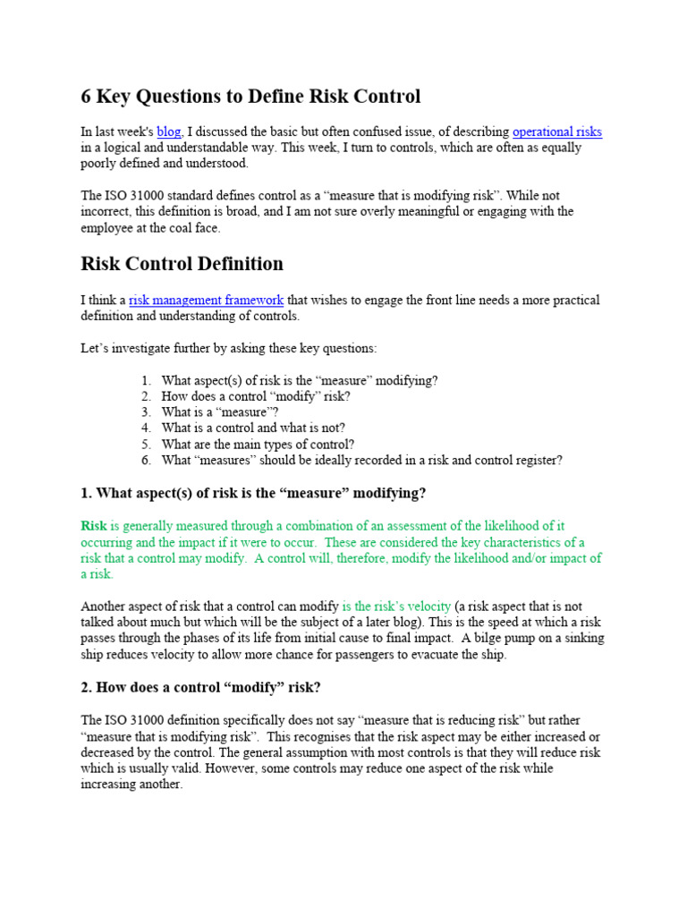 Risk Control | PDF | Internal Control | Risk