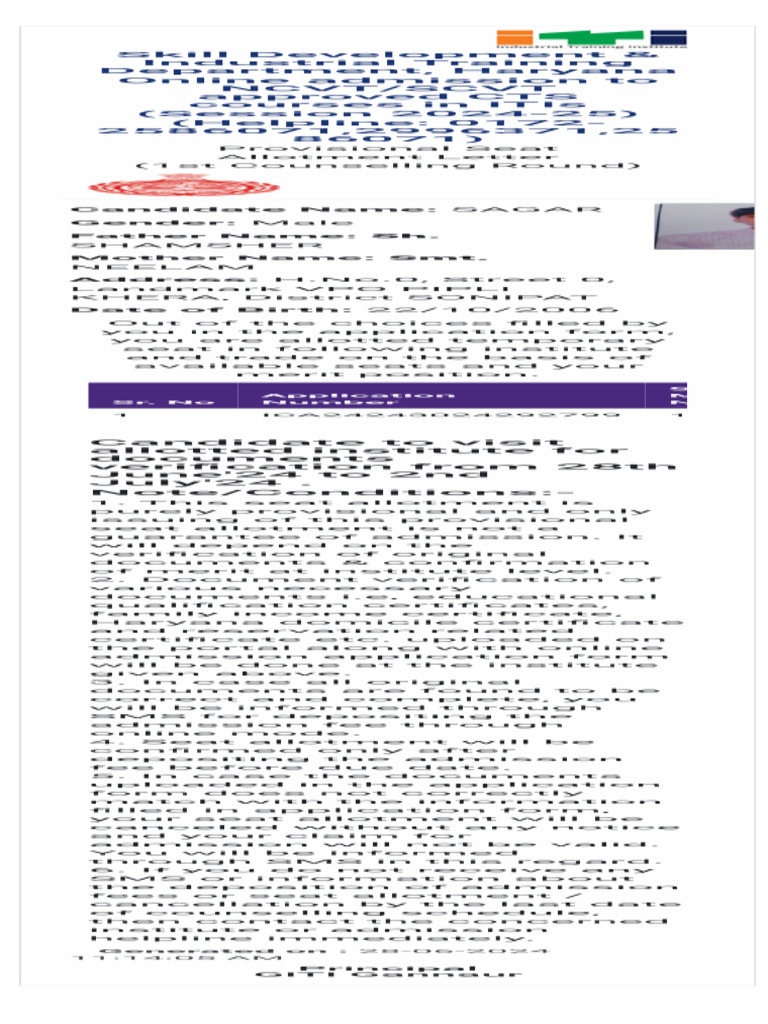 Provisional Seat Allotment Letter | PDF