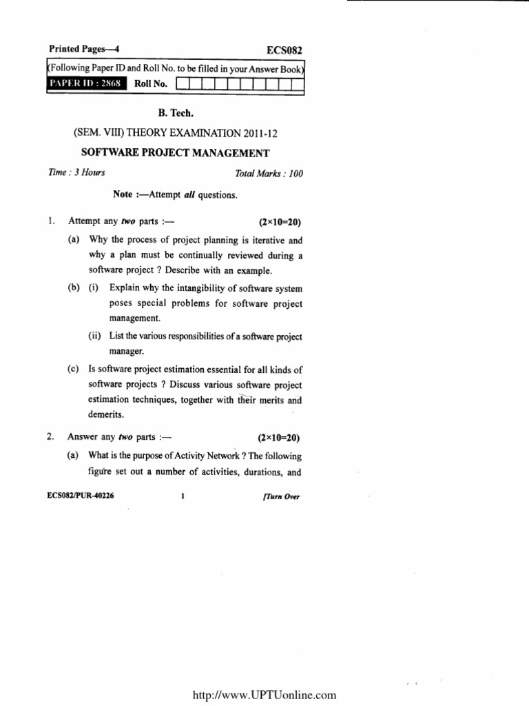 Btech Cs 8 Sem Software Project Management Ecs 082 2012 | PDF | Software Engineering | Systems ...