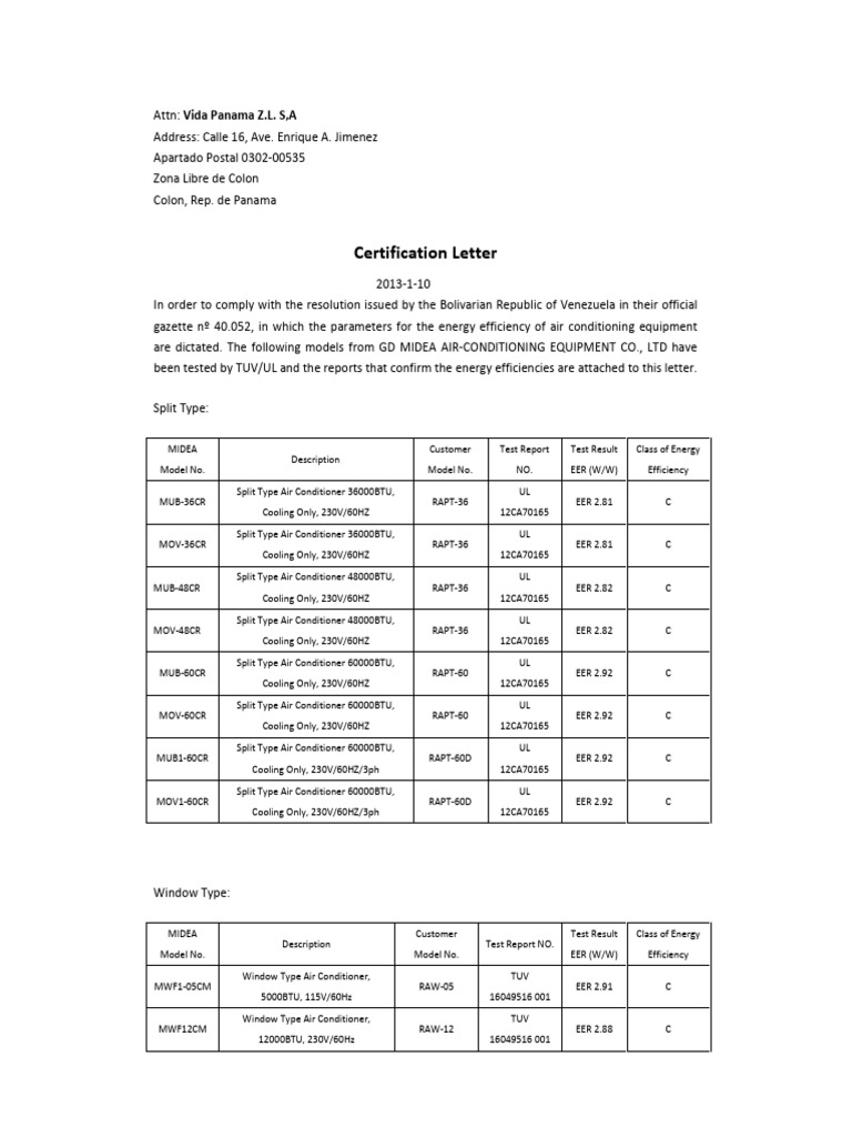 Certification Letter-Vida Panama - 2 | PDF | Ingeniería Termodinámica | Tecnologías sostenibles