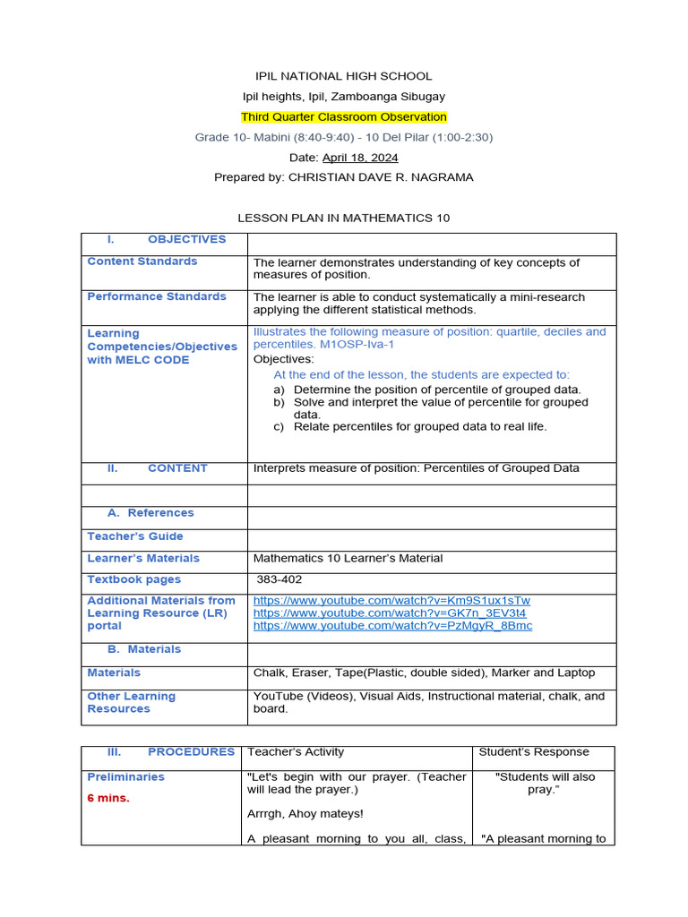Final Lesson Plan For Thursday | PDF | Percentile | Mean