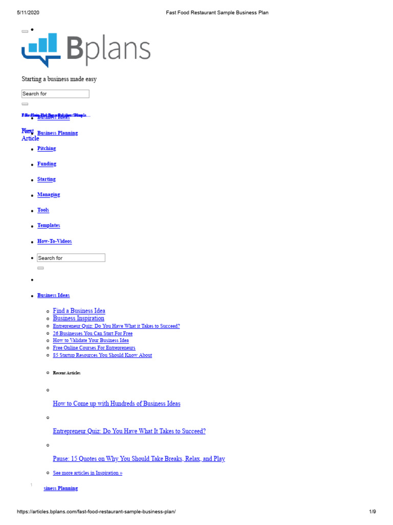 Fast Food Restaurant Sample Business Plan | PDF | Business | Restaurants