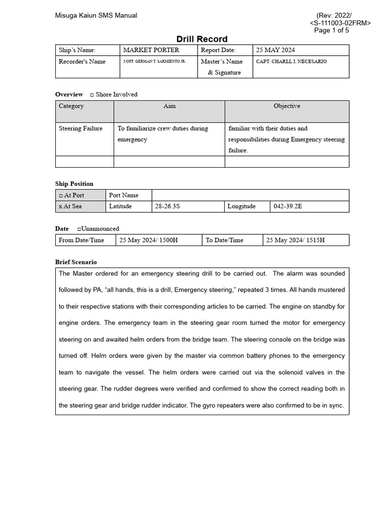 S-111003-02FRM (EMG'CY STEERING) Drill Record - 113422 | PDF ...