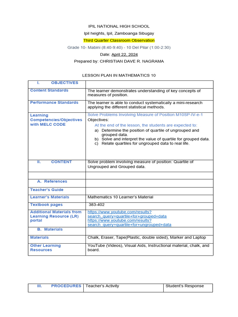 April 22, Lesson Plan | PDF | Quartile | Median