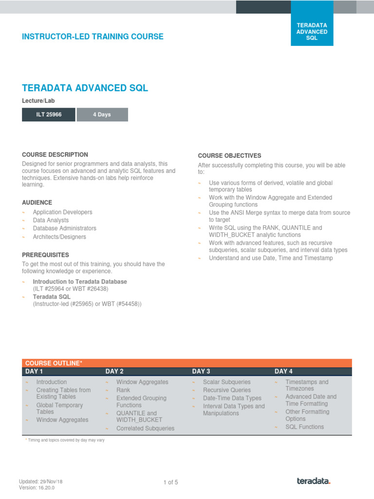 Teradata Advanced SQL | PDF | Database Index | Sql Teradata Advanced SQL | PDF | Database Index | Sql