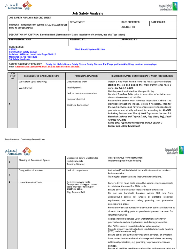 JSA - Electrical Work (Termination of Cable, Installation of Conduits ...