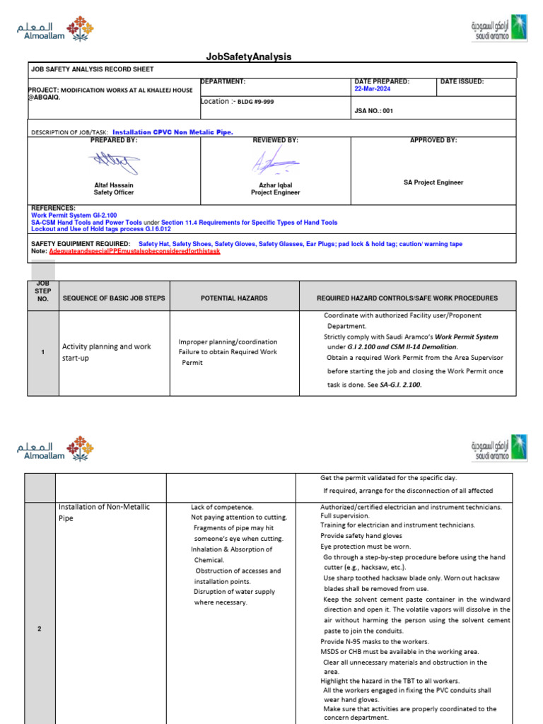 04 - Jsa - Installation - CPVC Nonmetalic Pipe - Modification Works at Al Khaleej House @abqaiq ...